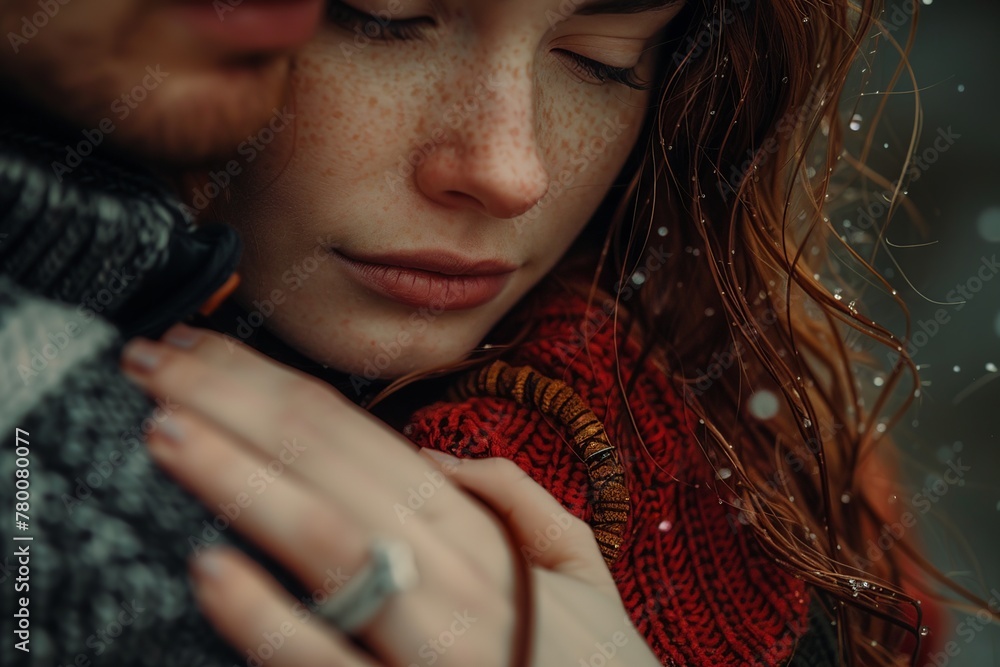 A close-up capturing two people in a tight embrace, focusing on their ...