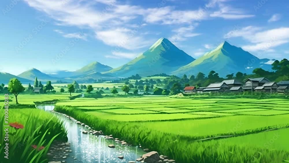 Expanse of rice fields in beautiful countryside with a river full of ...