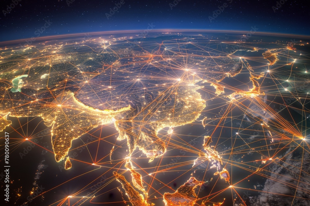 Lines connect a selection of major global cities revealing a world wide ...