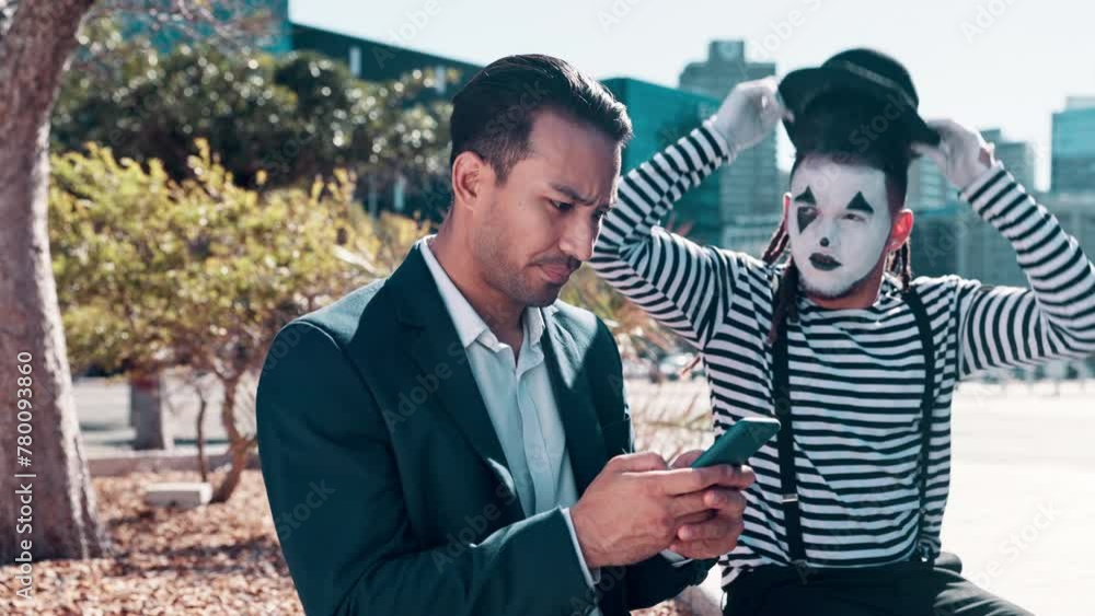 Businessmen, smartphone and typing with street mime in downtown to ...