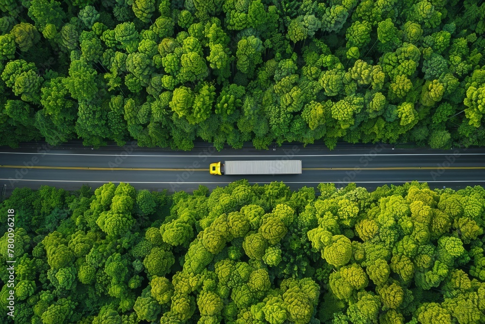 Aerial top view large freight transporter semi truck on the highway ...