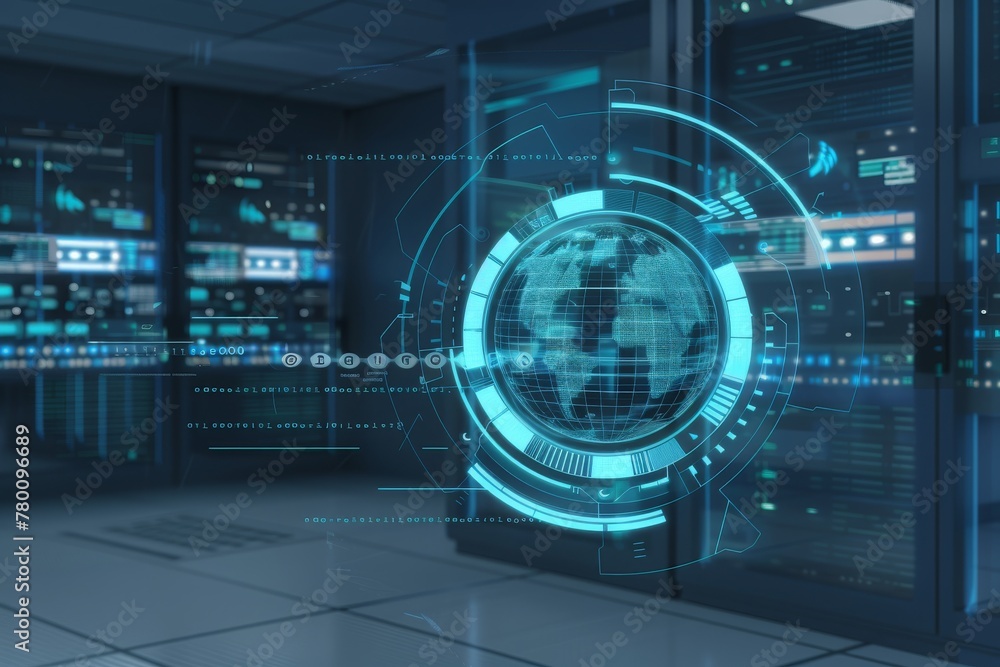 Image of scope scanning with data processing over server room. Global ...