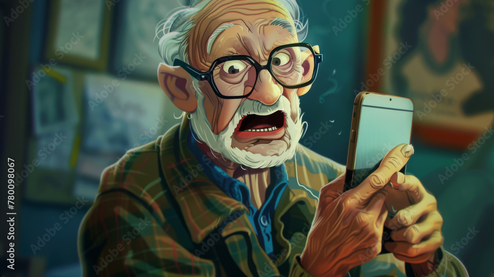 Confused elderly man trying to operate a smartphone. Cartoon style ...