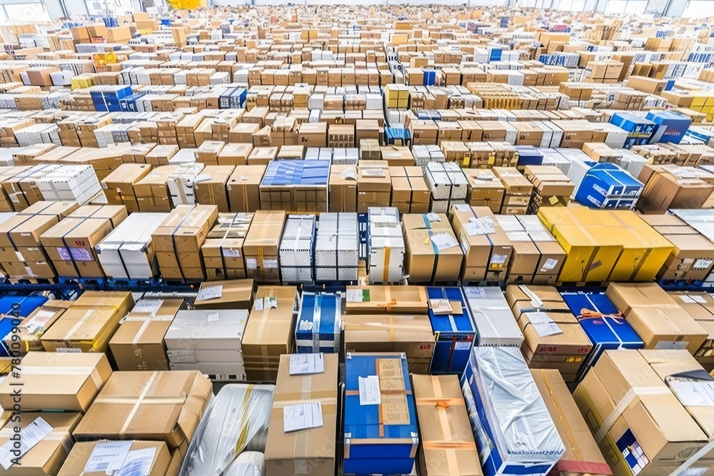 Horizontal color image of large distribution storage with racks full of ...