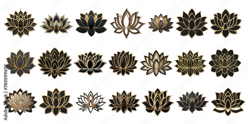 Elegant set of golden lotus on a transparent background with black ...
