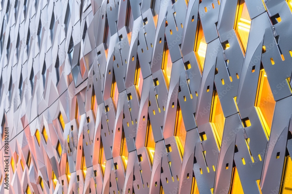 modern steel cladding with angular geometric patterns and square holes in a shiny metallic ...