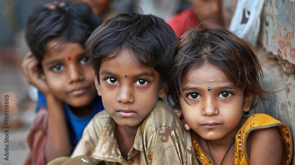 children of india, Three young Indian children with serious expressions ...
