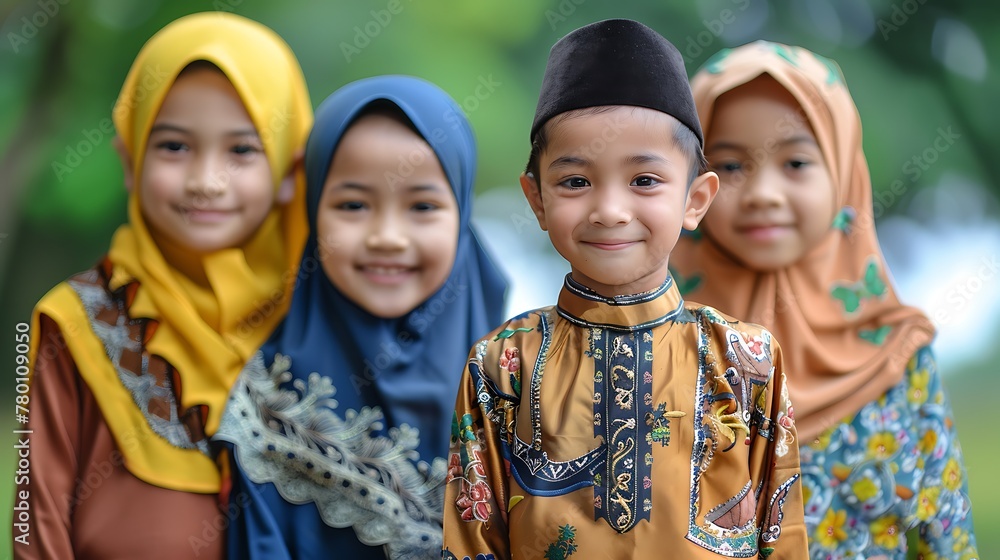 children of malaysia, Four smiling children dressed in traditional ...