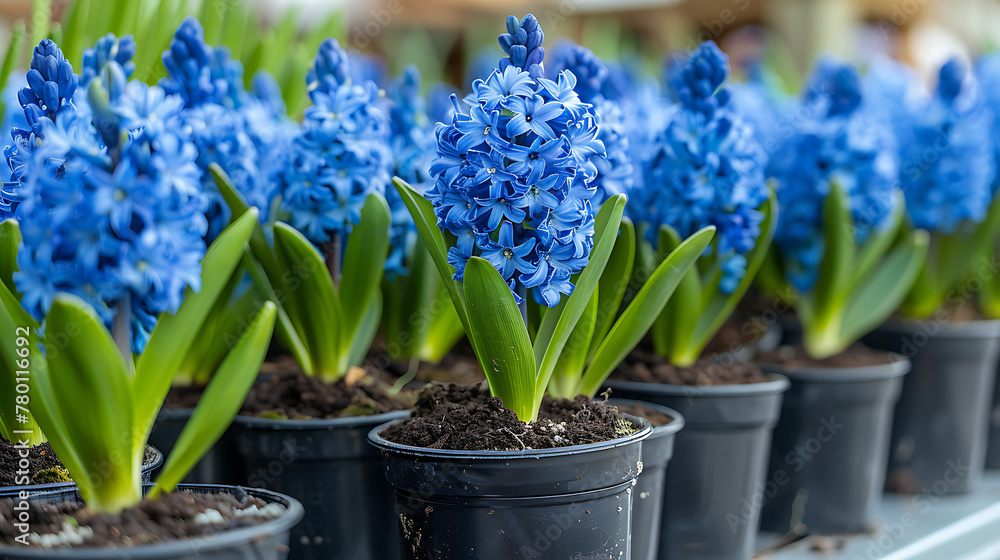 a collection of potted blue hyacinth flowers. Each pot contains a ...