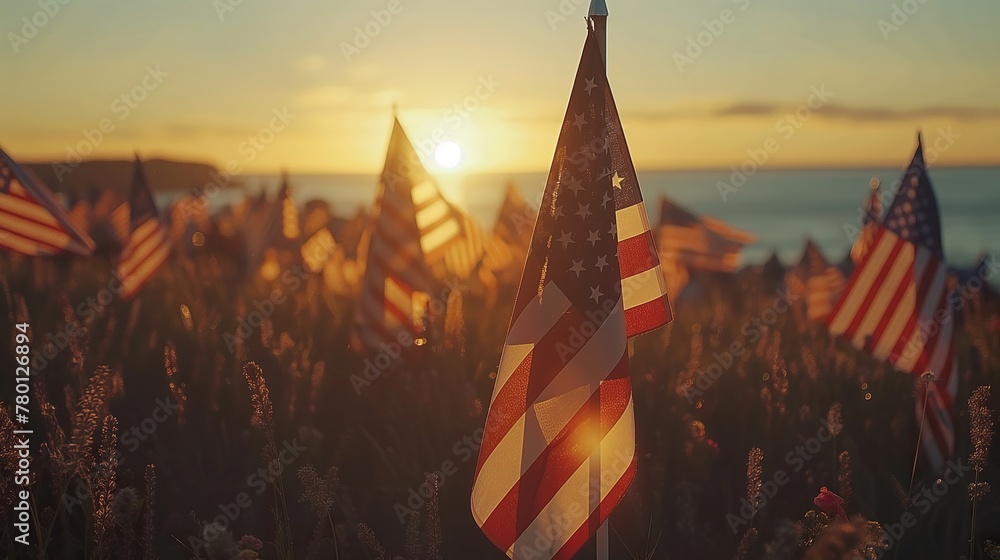 American flag held at a 4th of July gathering, community celebration ...