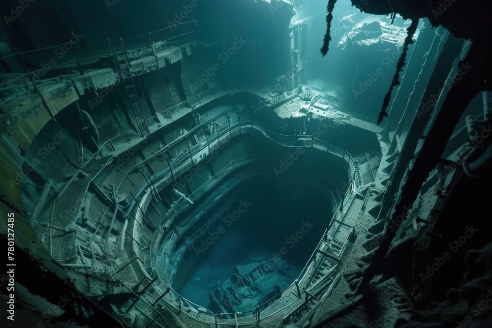 Interior of an ancient giant ship at the bottom of the sea. Stock Photo ...