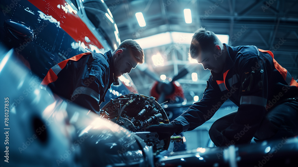 Two aircraft technicians in a hangar are meticulously inspecting and ...