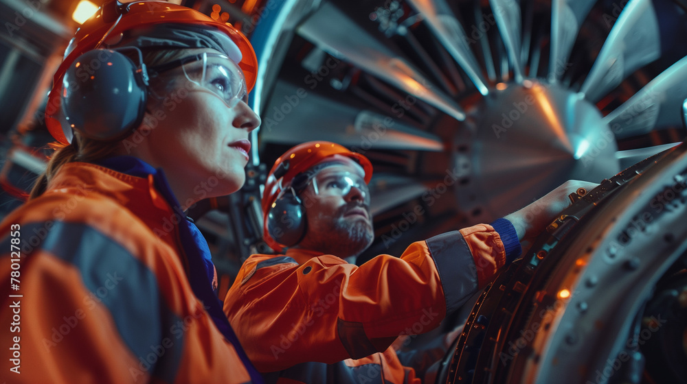 Two aircraft technicians in a hangar are meticulously inspecting and ...