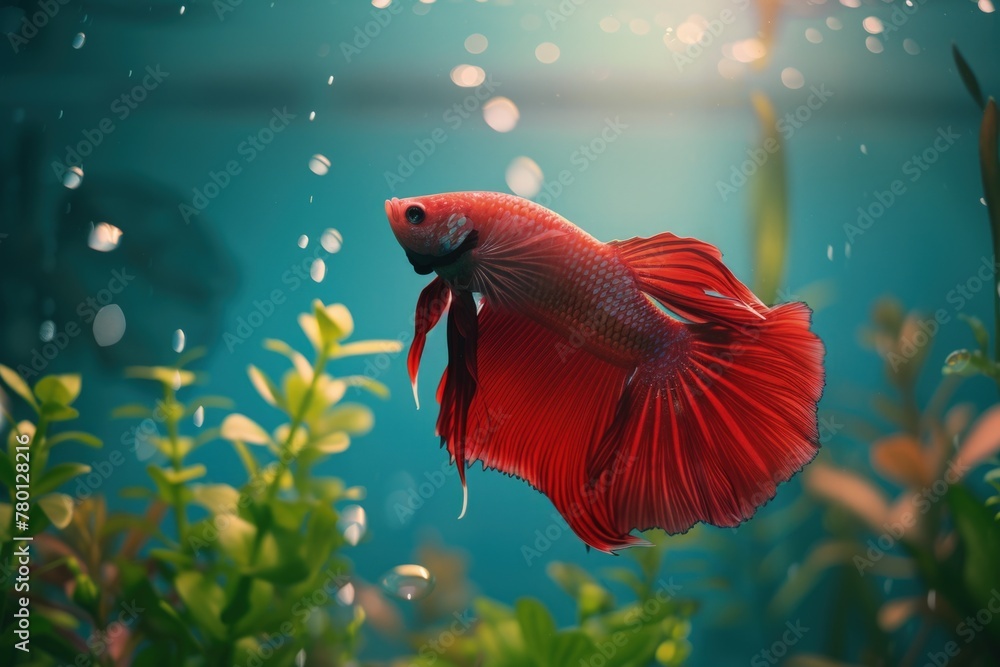 Red betta fish with large fins and tail swimming in an aquarium with ...