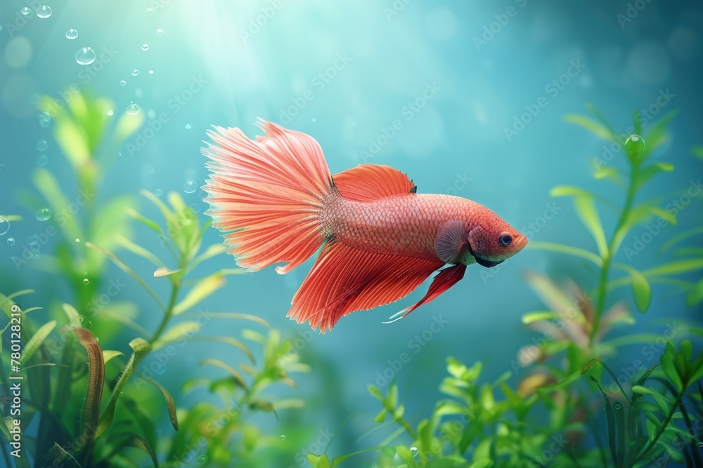Red betta fish with large fins and tail swimming in an aquarium with ...