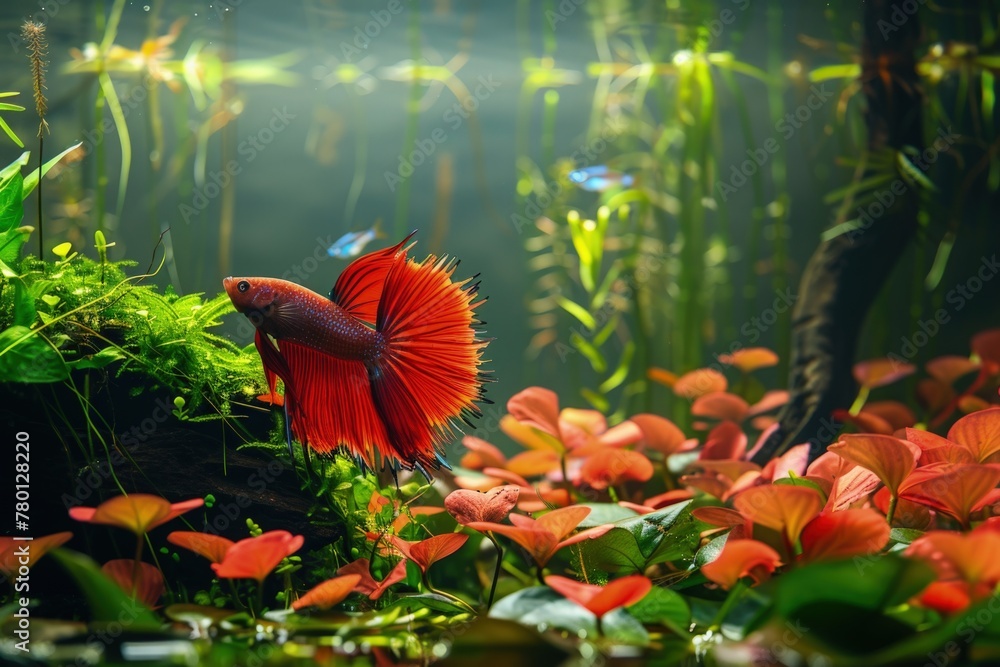 Red betta fish with large fins and tail swimming in an aquarium with ...