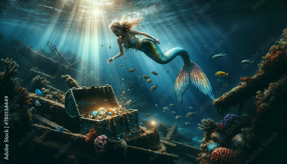 Mystical Ocean Mermaid with Shimmering Tail Amidst Shipwreck – Fantasy ...