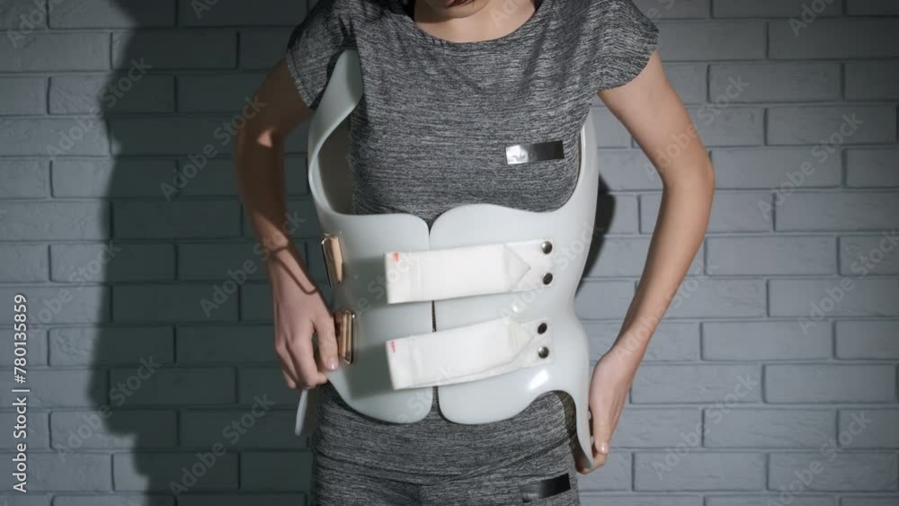 Girl wearing scoliosis brace. A view of plastic orthopedic corset on ...