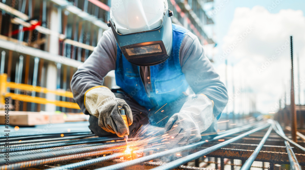 Construction Worker Welding Rebar with Sparks Flying on Worksite Stock ...