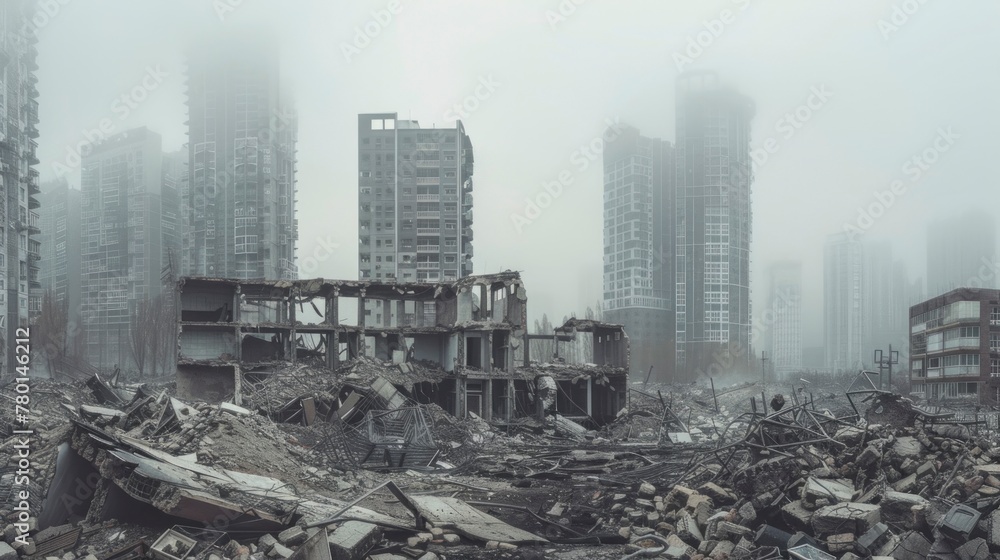 city in ruins due to earthquake in the world during the day in high ...