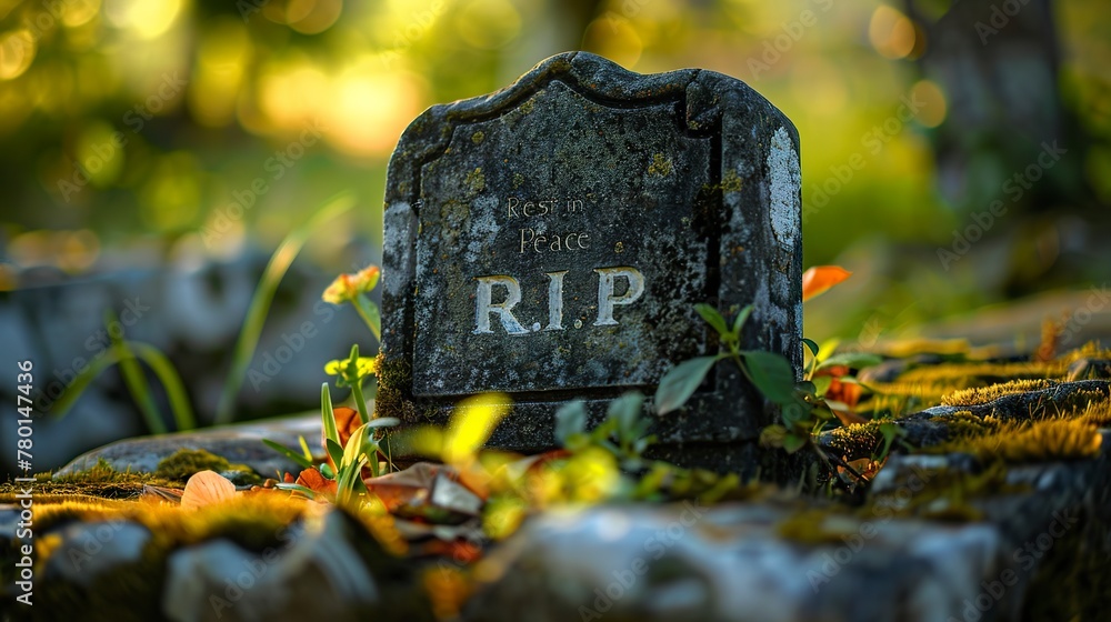 A solemn stone tombstone bears the engraved letters "R.I.P", an acronym ...