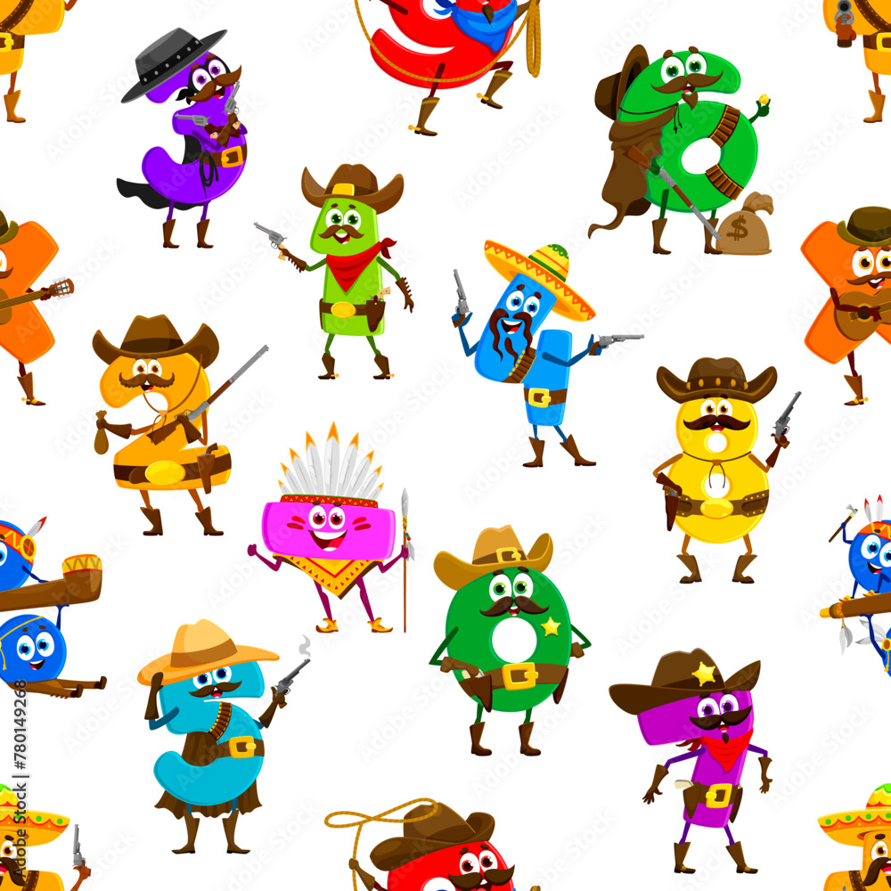 Cowboy and sheriff, indian and robber math number characters seamless ...