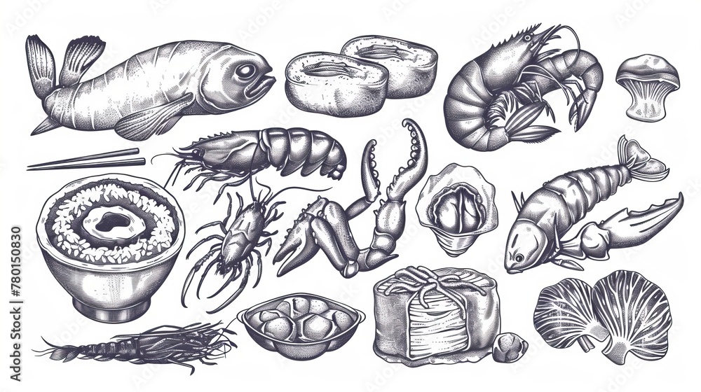 Seafood vector illustrations hand-drawn line art of sea fishes, sushi ...