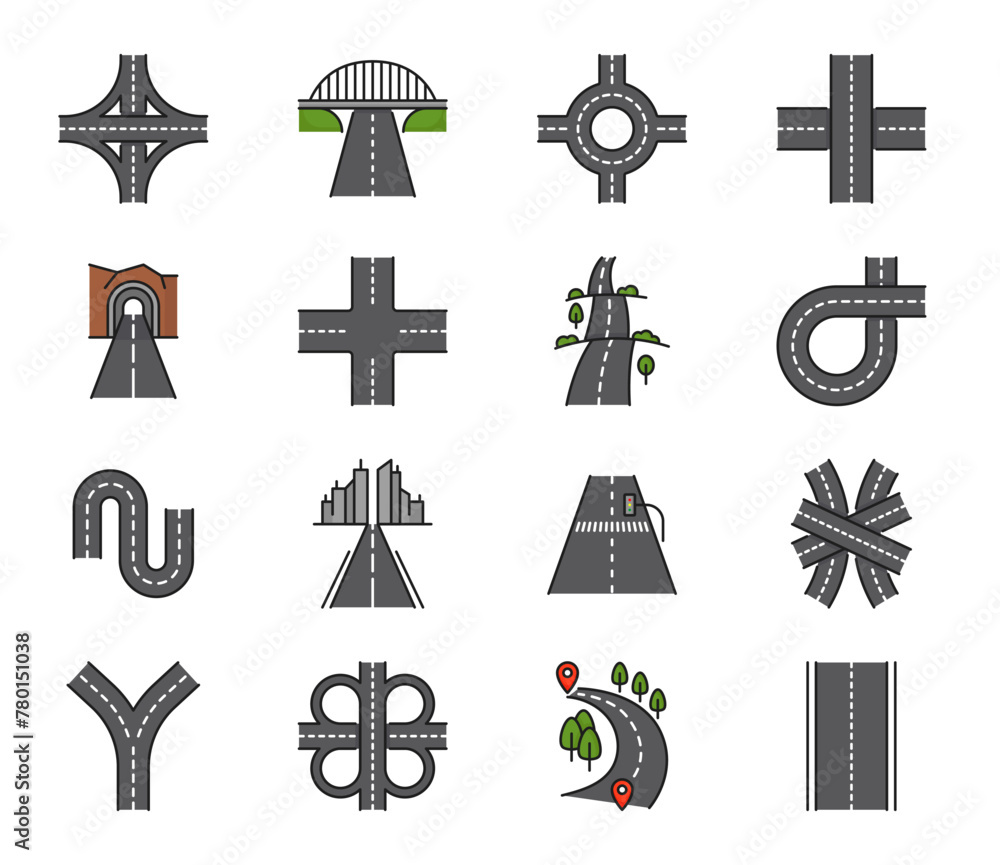 Color highway road line icons. Traffic, crossroad and tunnel route ...