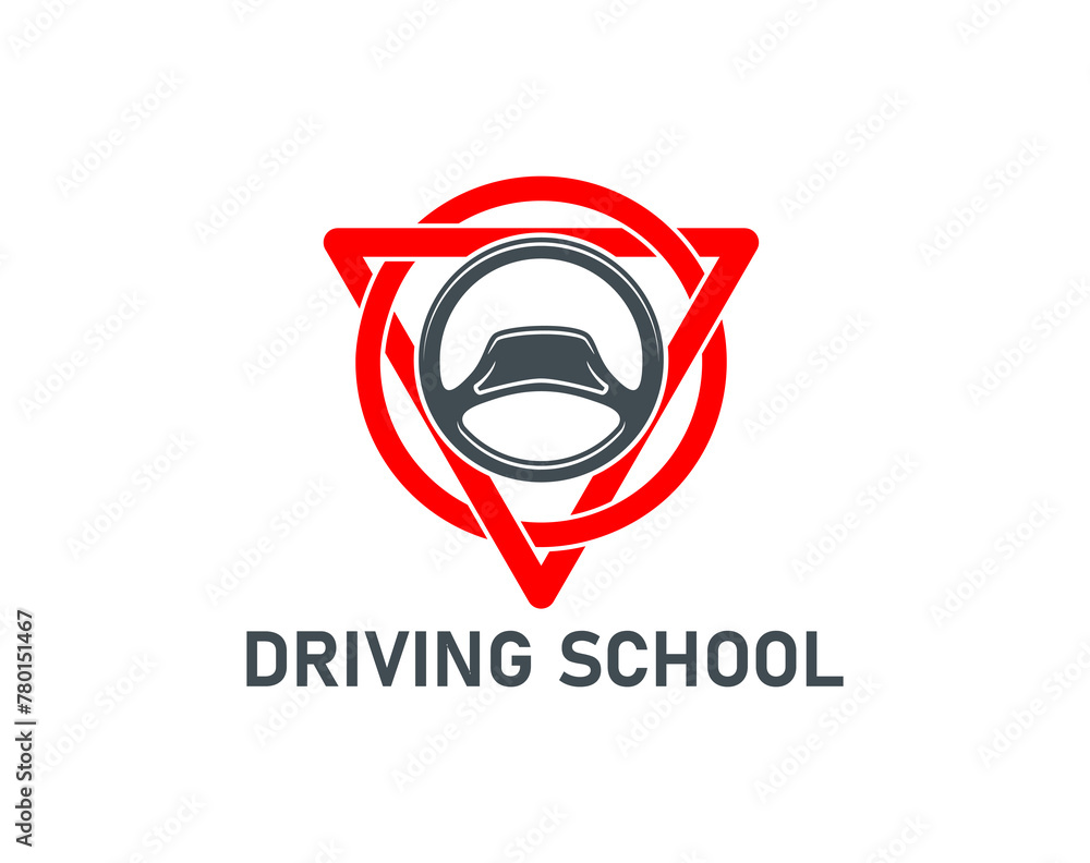 Driving school icon of car steering wheel and road signs, vector symbol ...