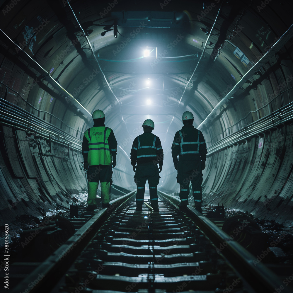 three male workers inspection weld underground of equipment tunnel ...