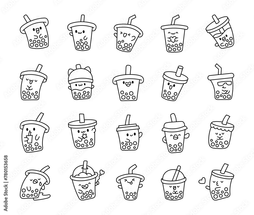Cute kawaii bubble tea. Coloring Page. Milk cocktail with tapioca ...