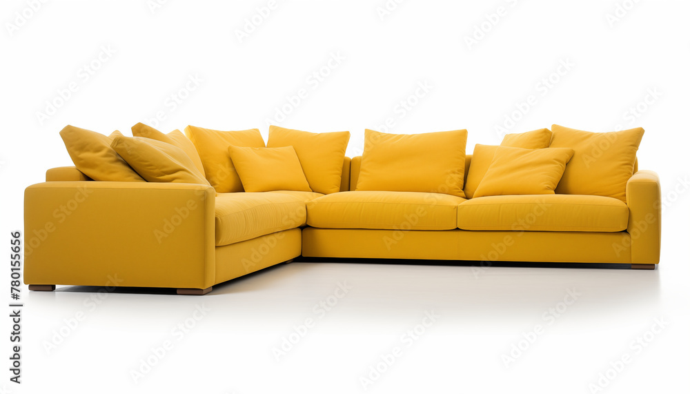 Bright yellow fabric corner sofa with soft cushions isolated on white ...