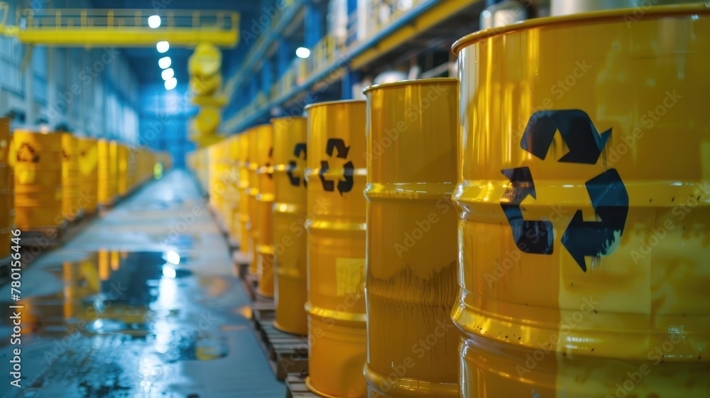 Radioactive waste tank with safety industrial hazard symbol. Concepts ...