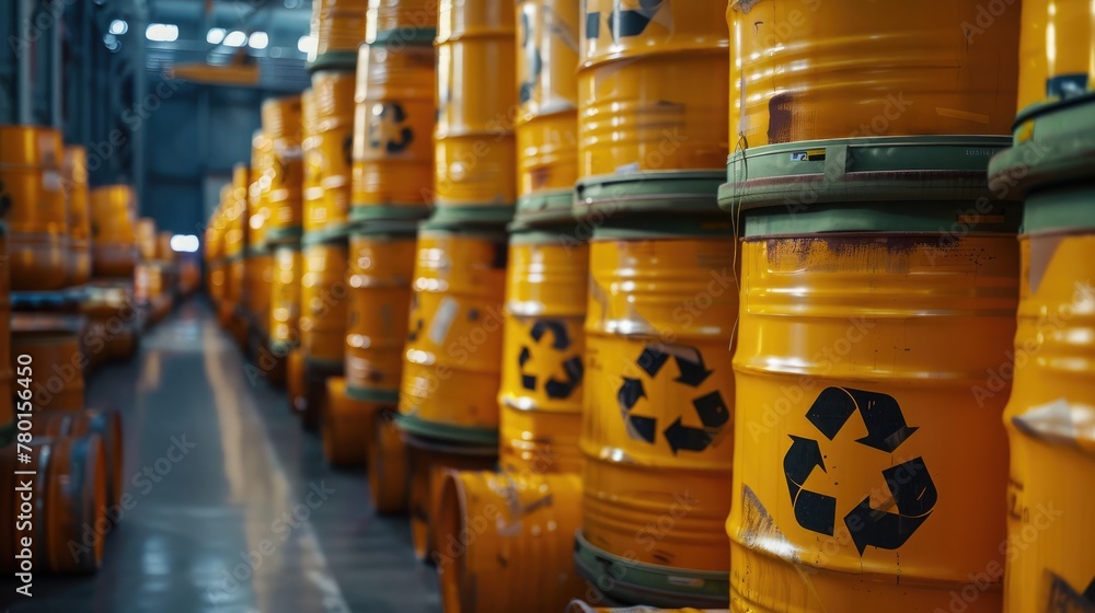 Radioactive waste tank with safety industrial hazard symbol. Concepts ...