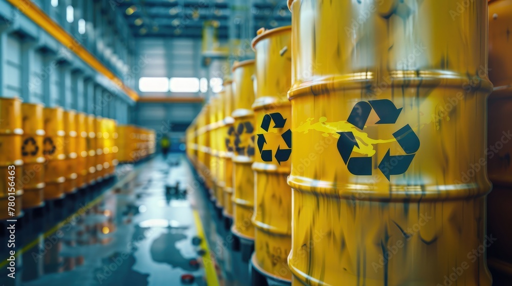Radioactive waste tank with safety industrial hazard symbol. Concepts ...