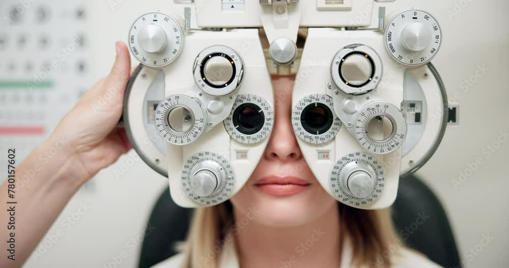 Woman, phoropter and eye exam with optometrist for vision with ...