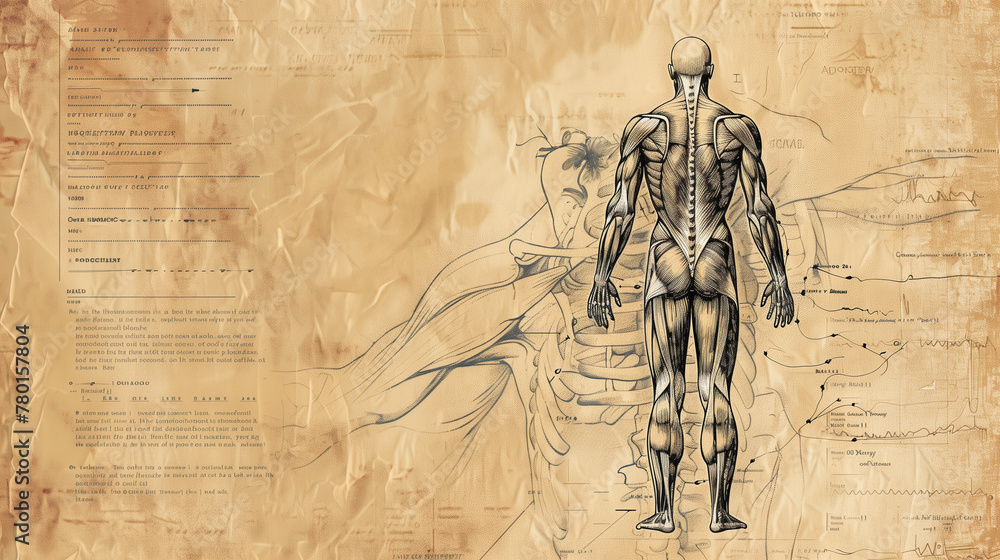 Anatomy treatise, featuring a drawing of a human figure from the back ...