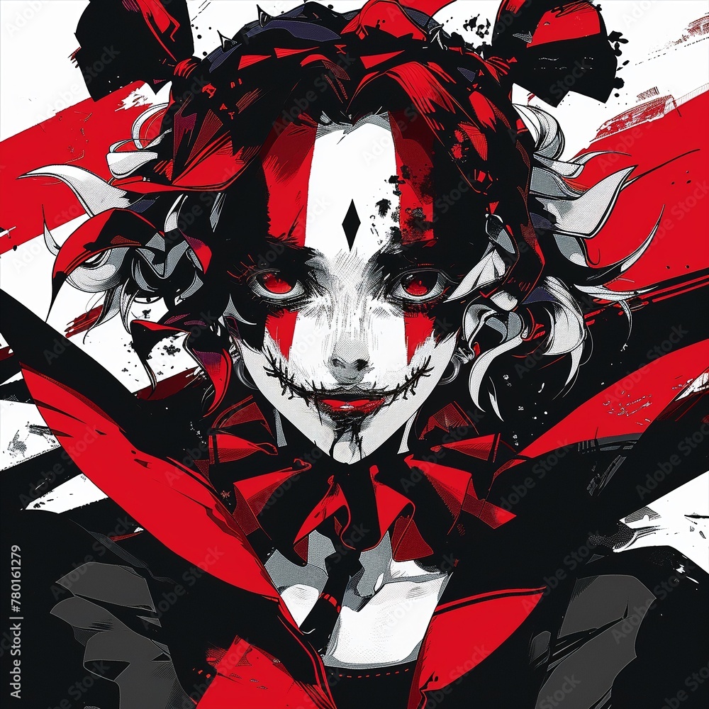 A high-contrast anime character design featuring a villainous harlequin ...