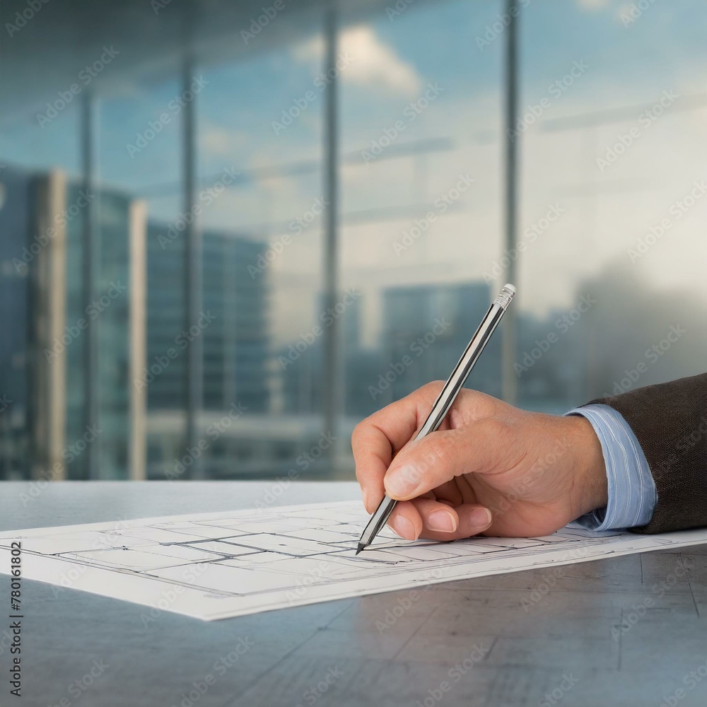 Persona firmando planos arquitectónicos en una oficina moderna Stock ...