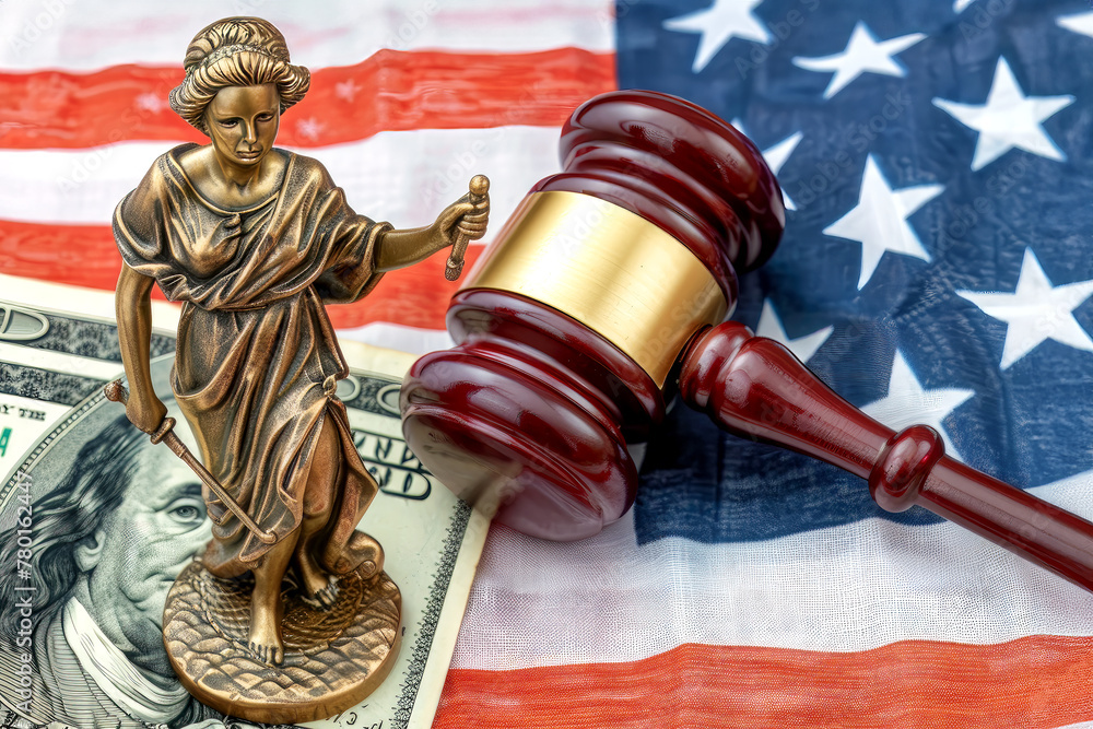 Justice for sale, symbols of American legal system, American flag gavel ...
