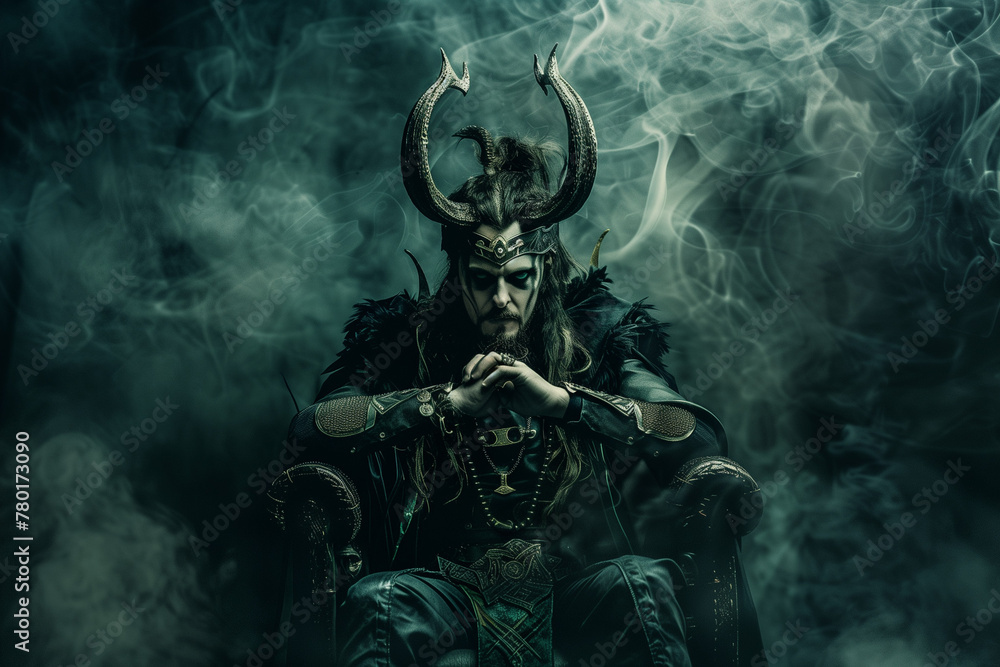 Loki, Norse god of mischief, lying warrior sitting on a throne, helmet ...