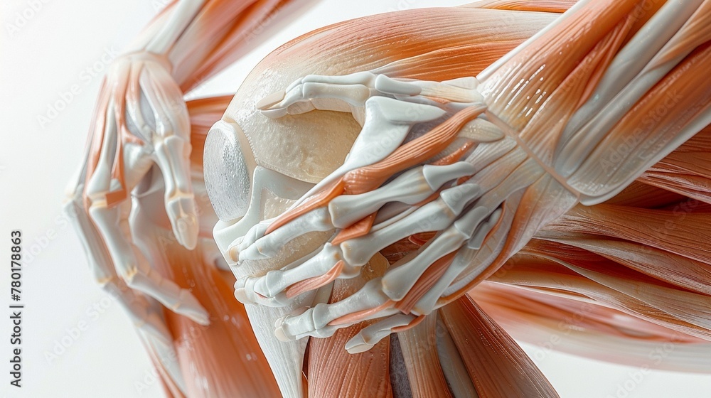 Close up of hands holding knee in pain, anatomical cross section of leg ...