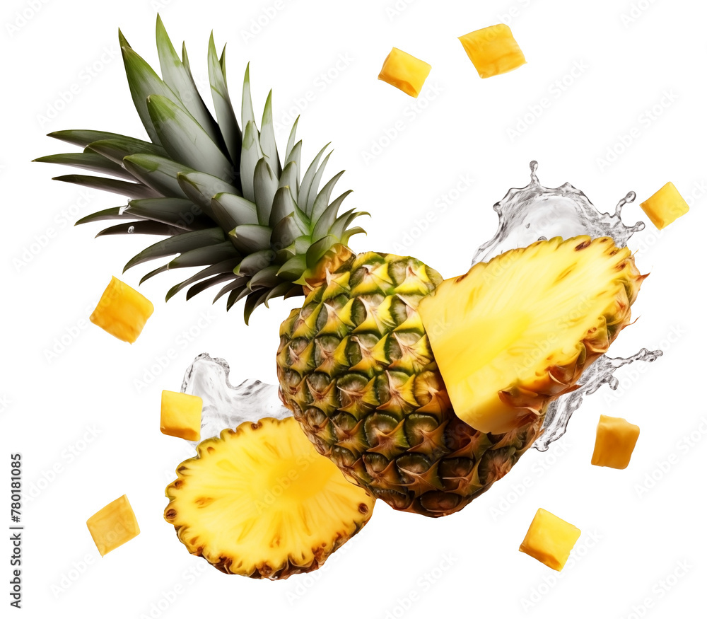 falling Pineapple PNG with floating Ananas slices isolated on white and ...