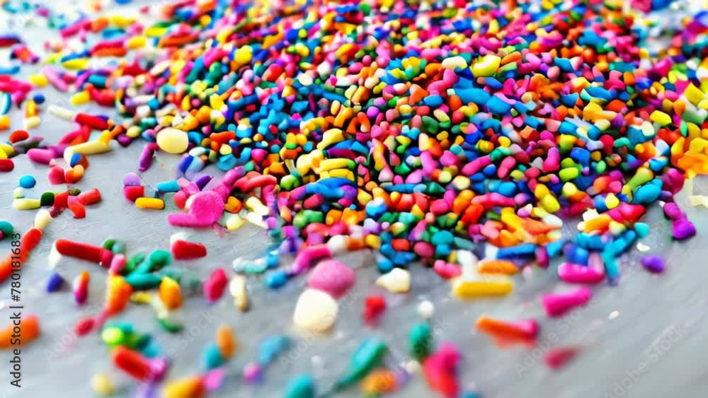 Scattered across the frame, a multitude of candies in vivid shades of ...