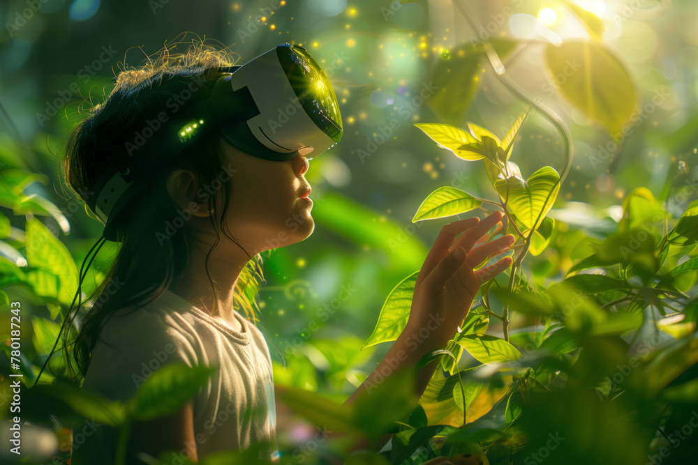 A young girl with virtual reality glasses interacts with the sunlight ...