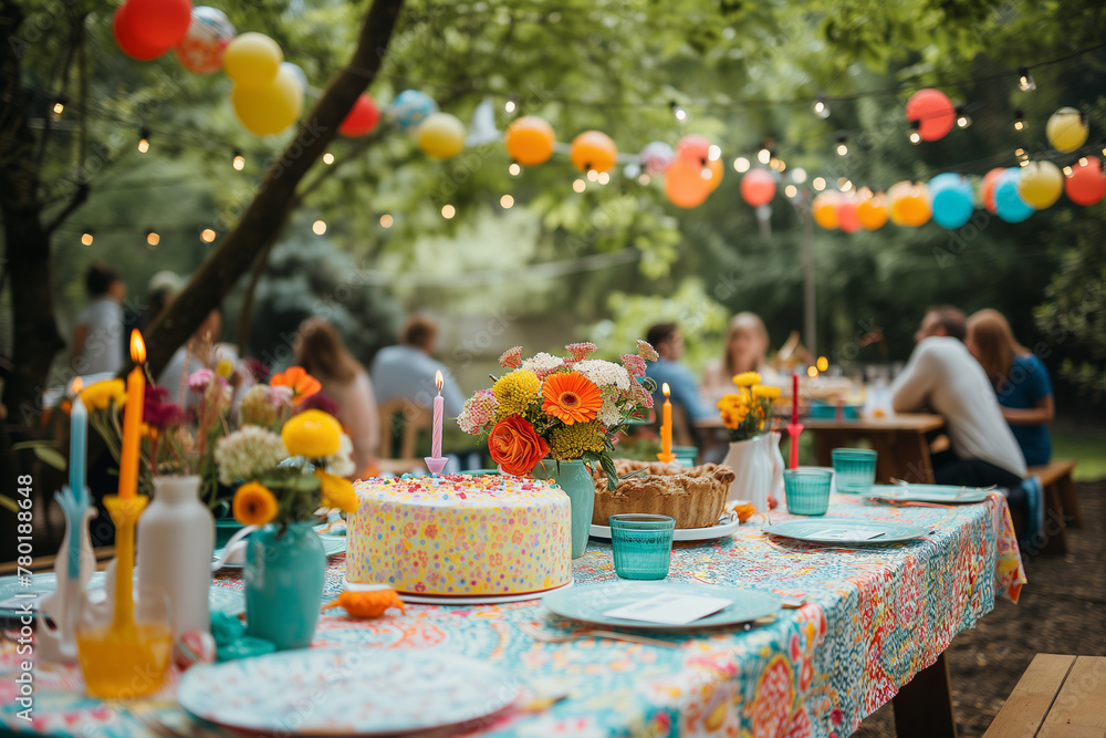 Festive outdoor birthday party setting with colorful balloons and a ...