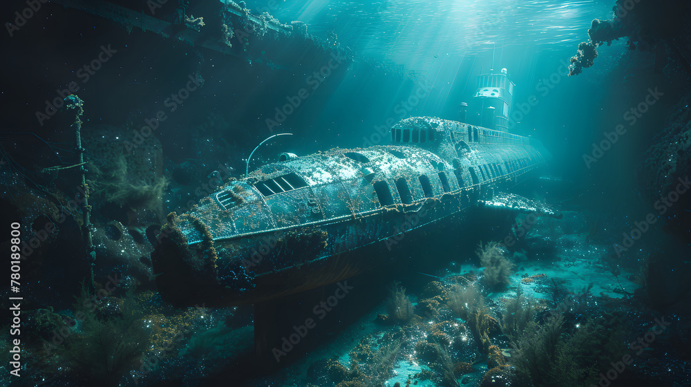 An underwater scene with a large, old rusty submarine on its side ...