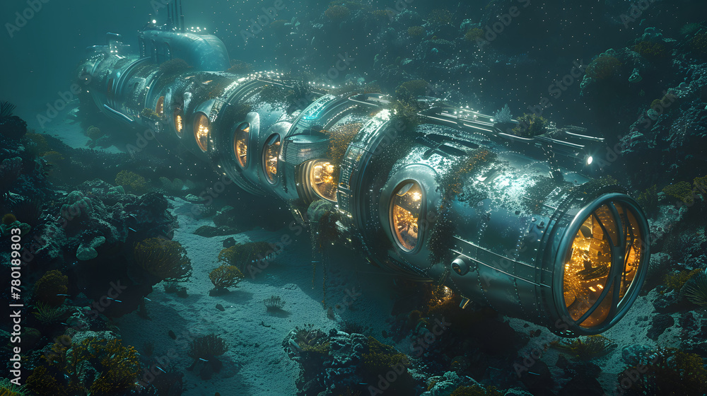 An underwater scene with a large, old rusty submarine on its side ...