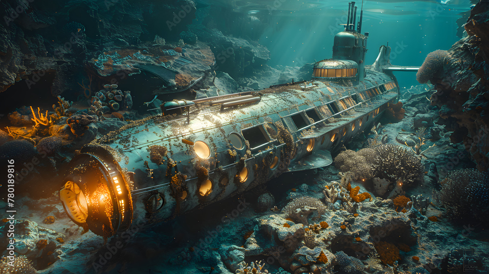 An underwater scene with a large, old rusty submarine on its side ...
