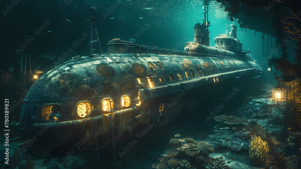 An underwater scene with a large, old rusty submarine on its side ...